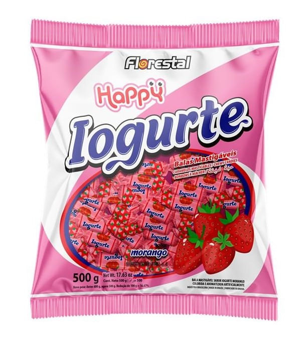 BALA MASTIGÁVEL SABOR IOGURTE MORANGO HAPPY 500G - Treichel Delivery